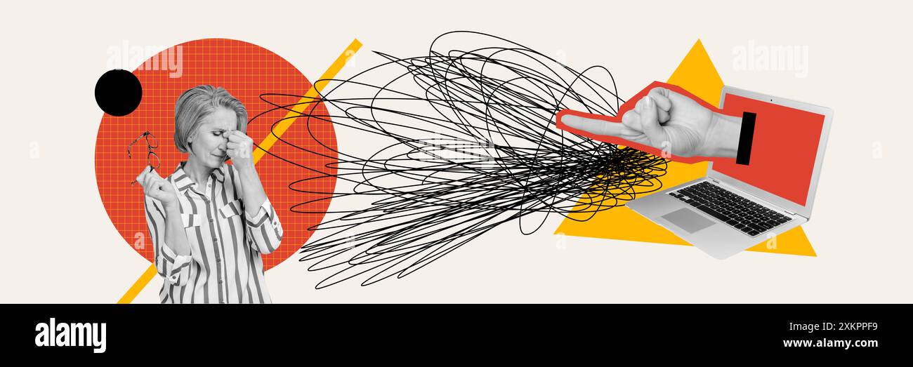 Composite collage image of panorama confused old woman monitor computer ...