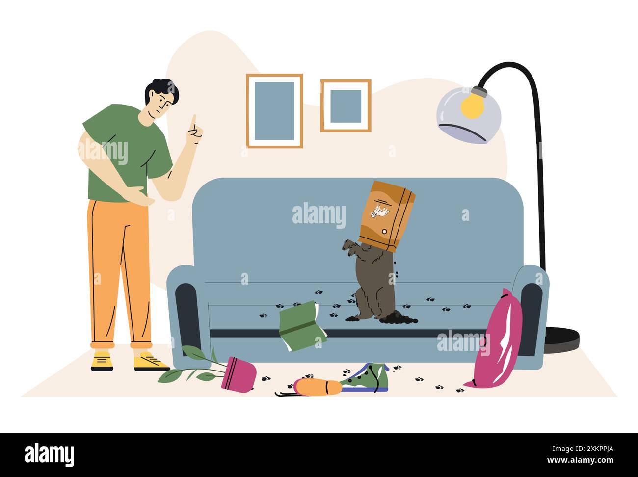 Dog bad behavior. Muddy naughty dog sits on dirty sofa in front of ...