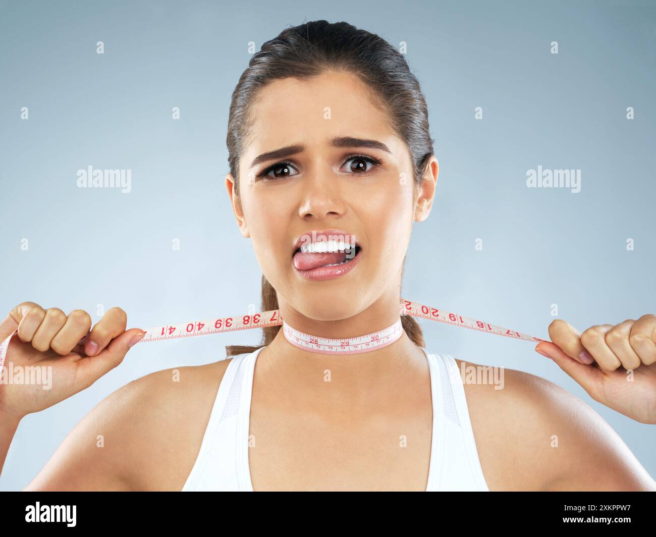 Portrait, woman and tape measure on neck for mental health, eating ...