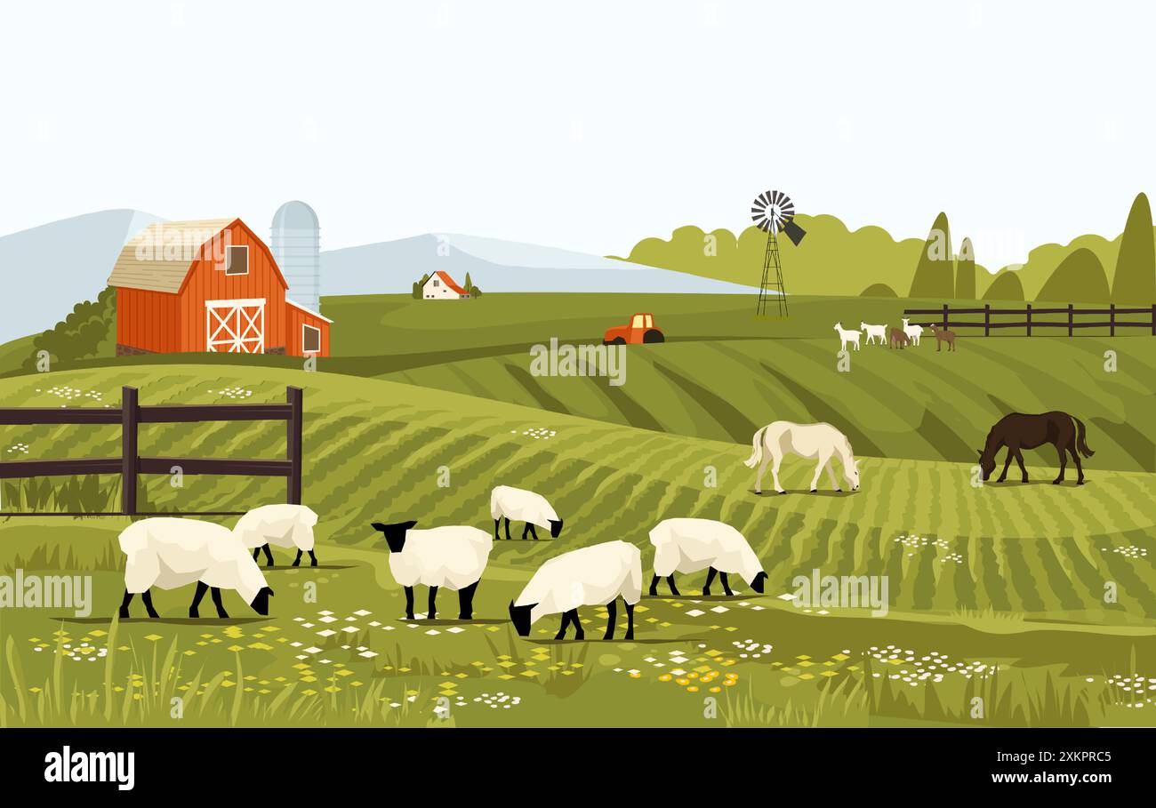 Rural spring landscape countryside with farm field with green grass ...