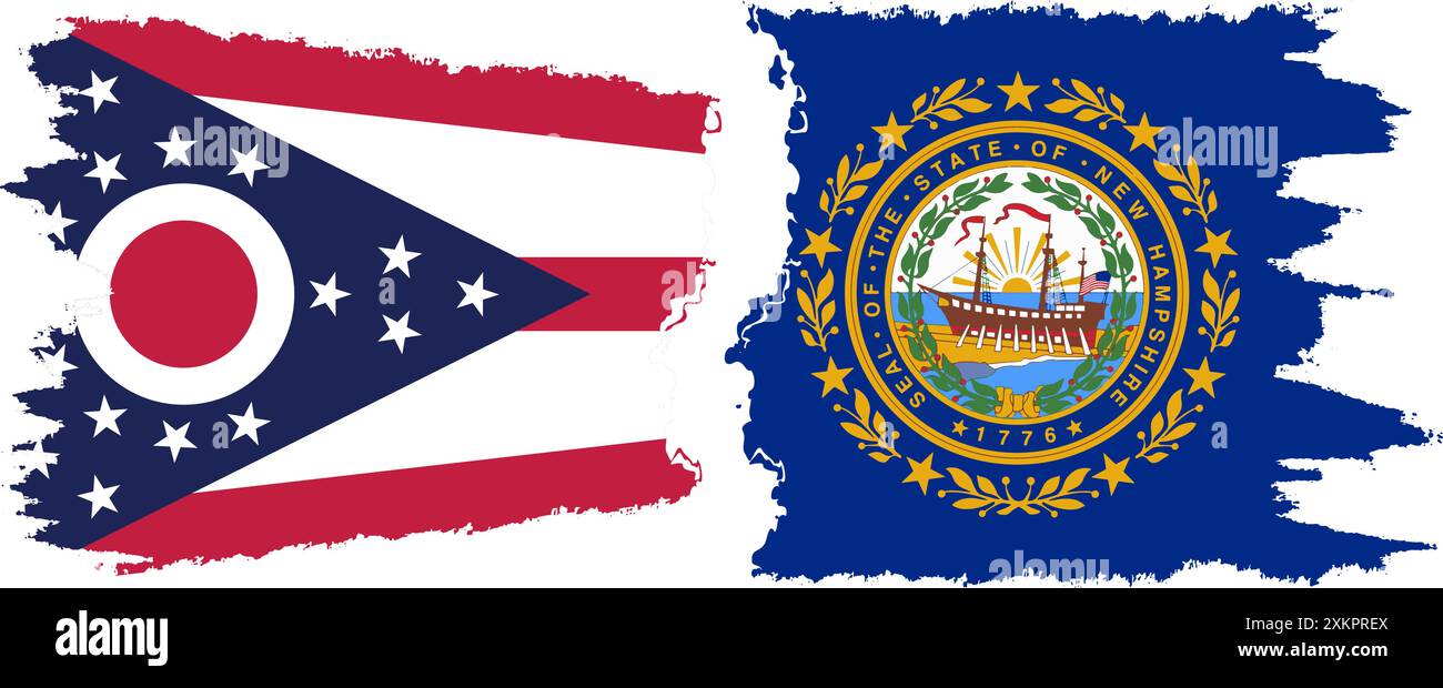 New Hampshire and Ohio states grunge brush flags connection, vector ...