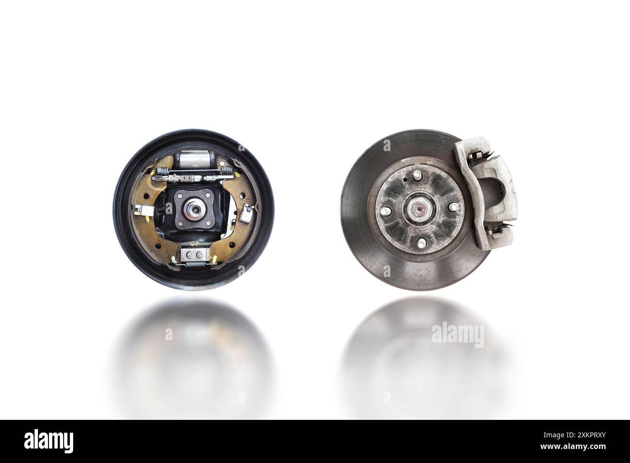 Car disc brake system and car drum brake system isolated on white ...