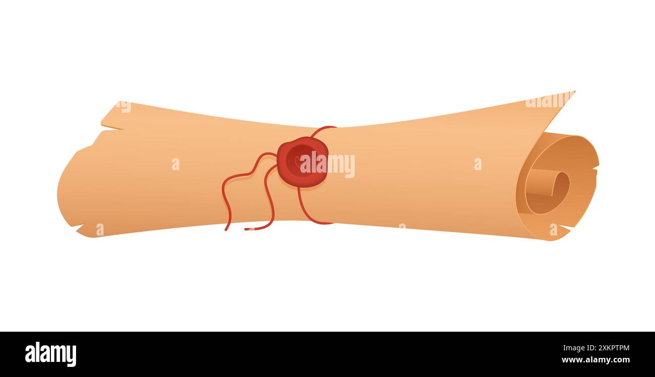 Old parchment scroll roll sealed with ancient wax seal on red rope ...