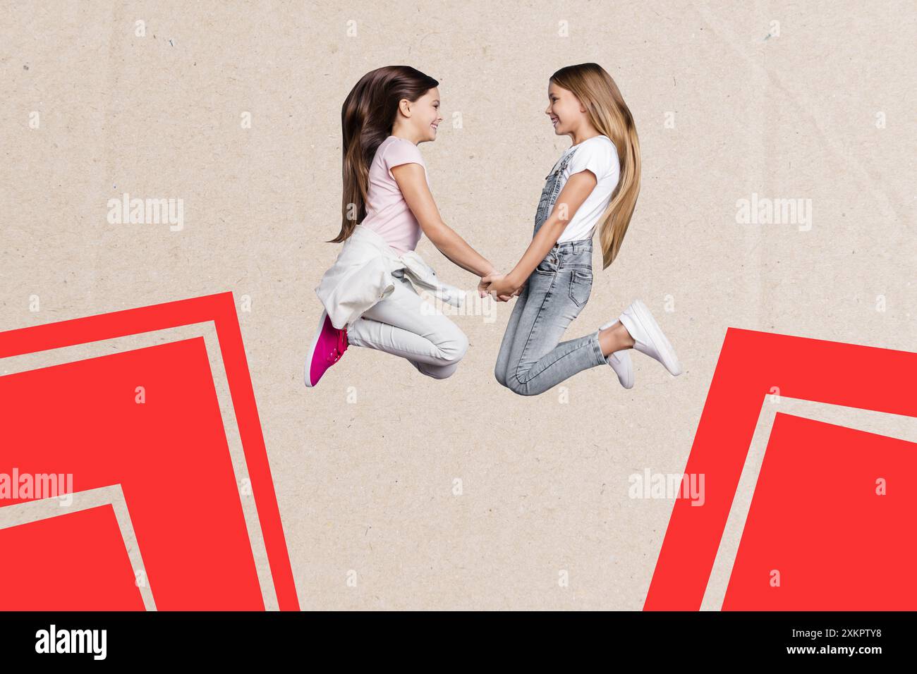 Collage image poster of two happy funny cheerful people play together ...