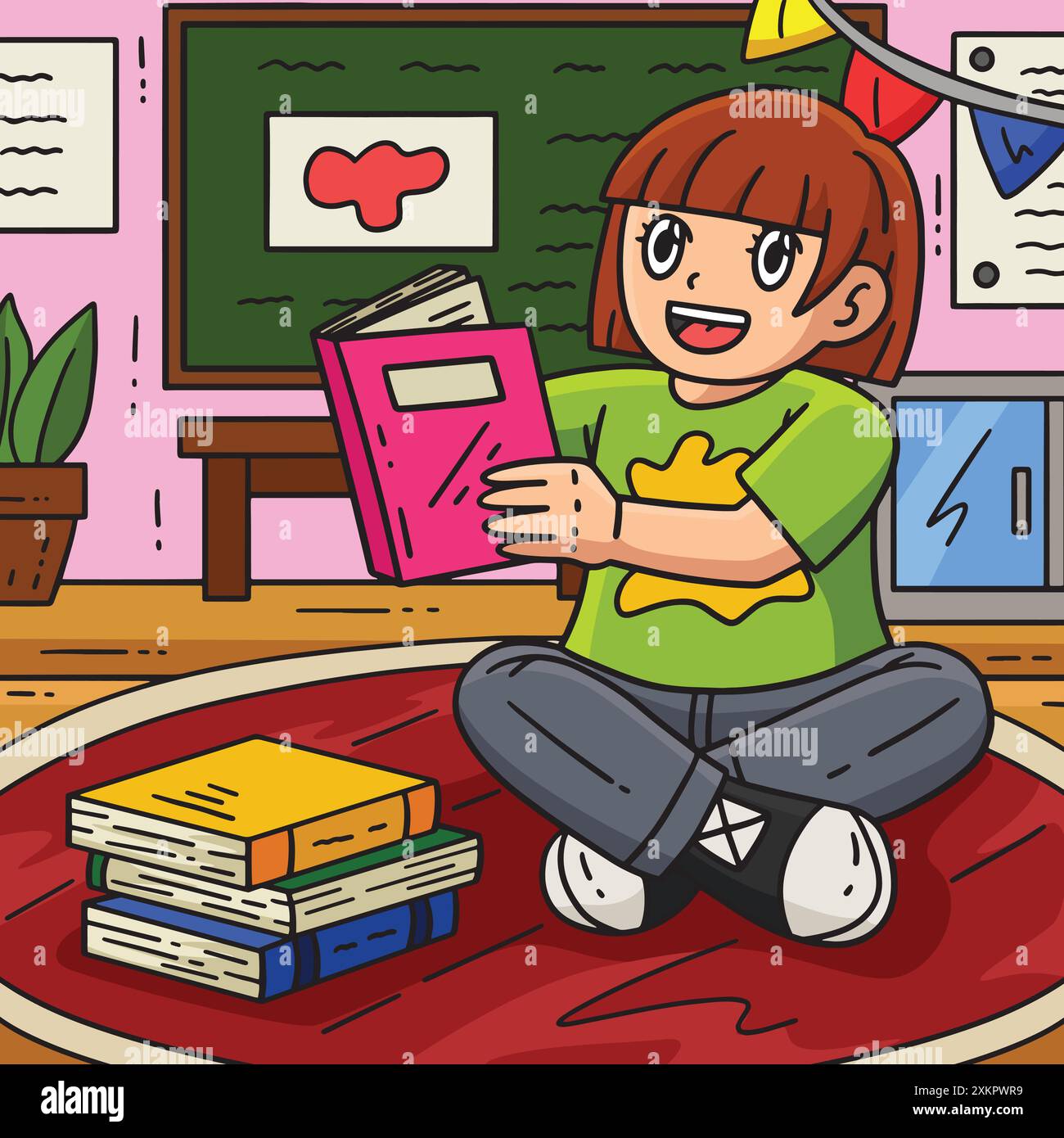 First Day of School Child Reading a Book Colored Stock Vector Image ...