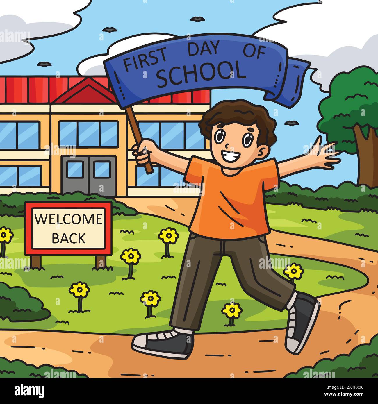 First Day of School Child with a Banner Colored Stock Vector Image ...