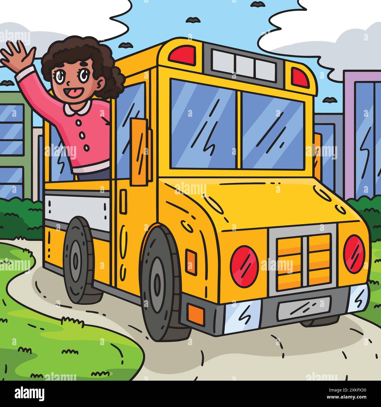 First Day of School Child In School Bus Colored Stock Vector Image ...