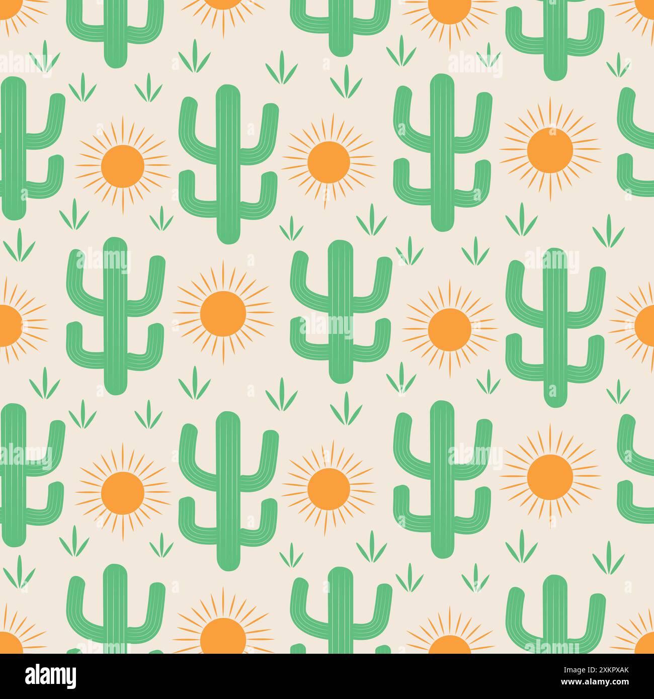 Cute Green Cactus with orange sun seamless pattern. For fabric, textile ...