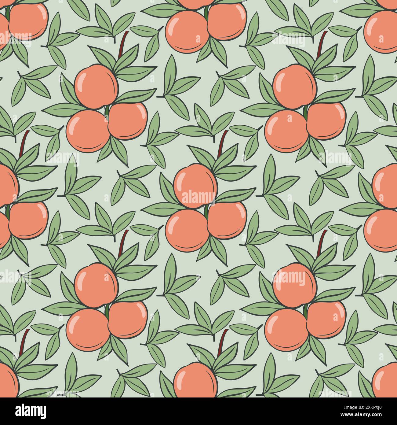 Seamless pattern with branches full of ripe peaches growing on light ...