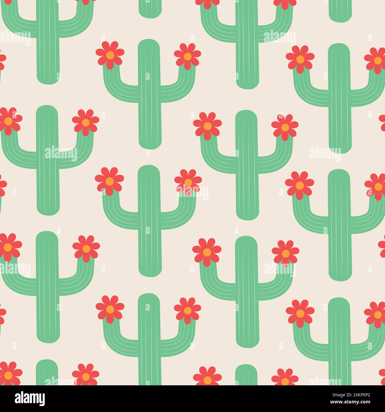 Cute Green Cactus with groovy red flowers seamless pattern. For fabric ...