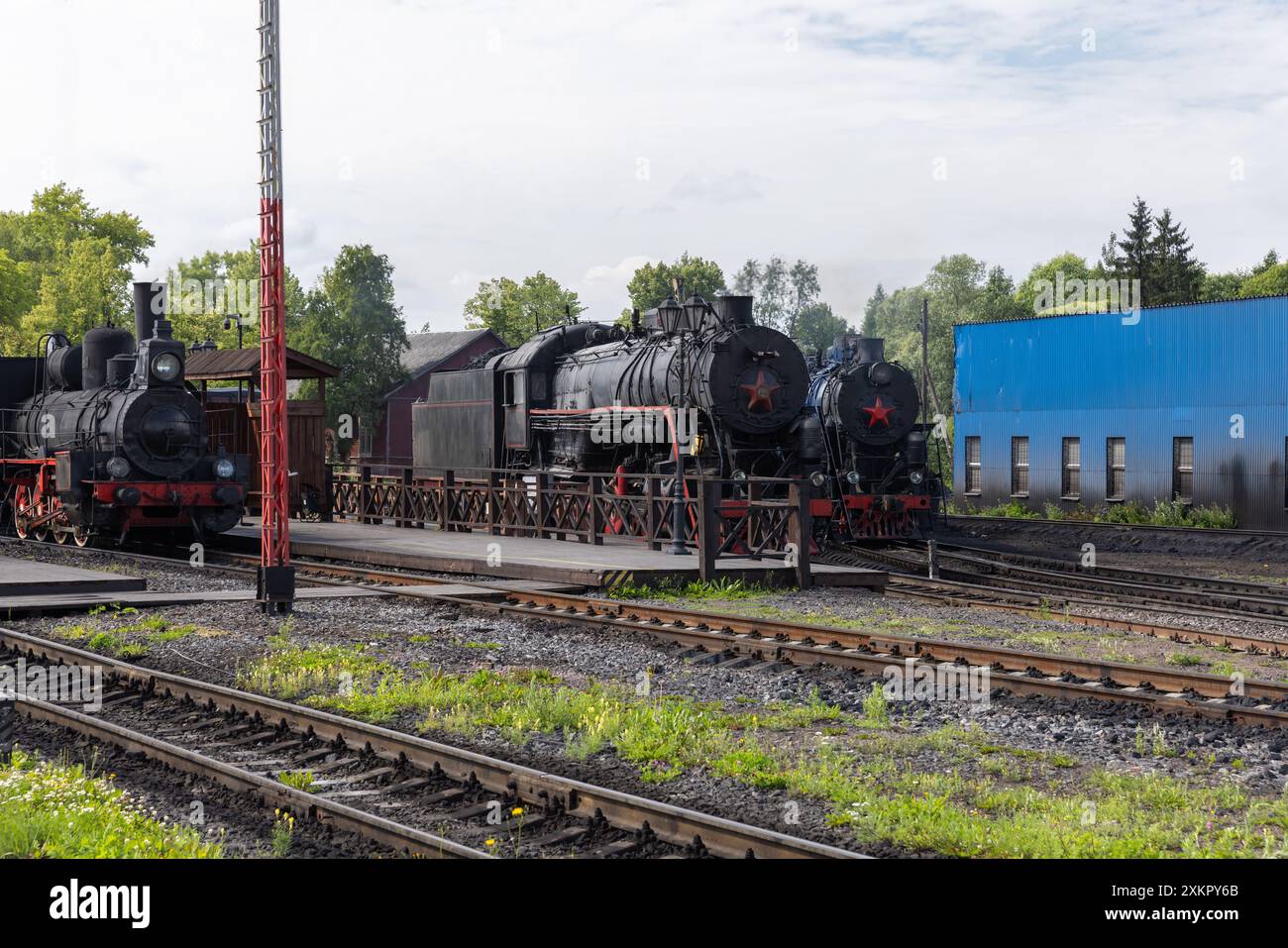 Black steam locomotives are at Sortavala Central Railway Station on a ...