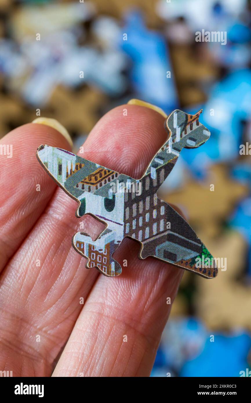 Hand holding Wentworth whimsy piece jigsaw puzzle piece above box of ...