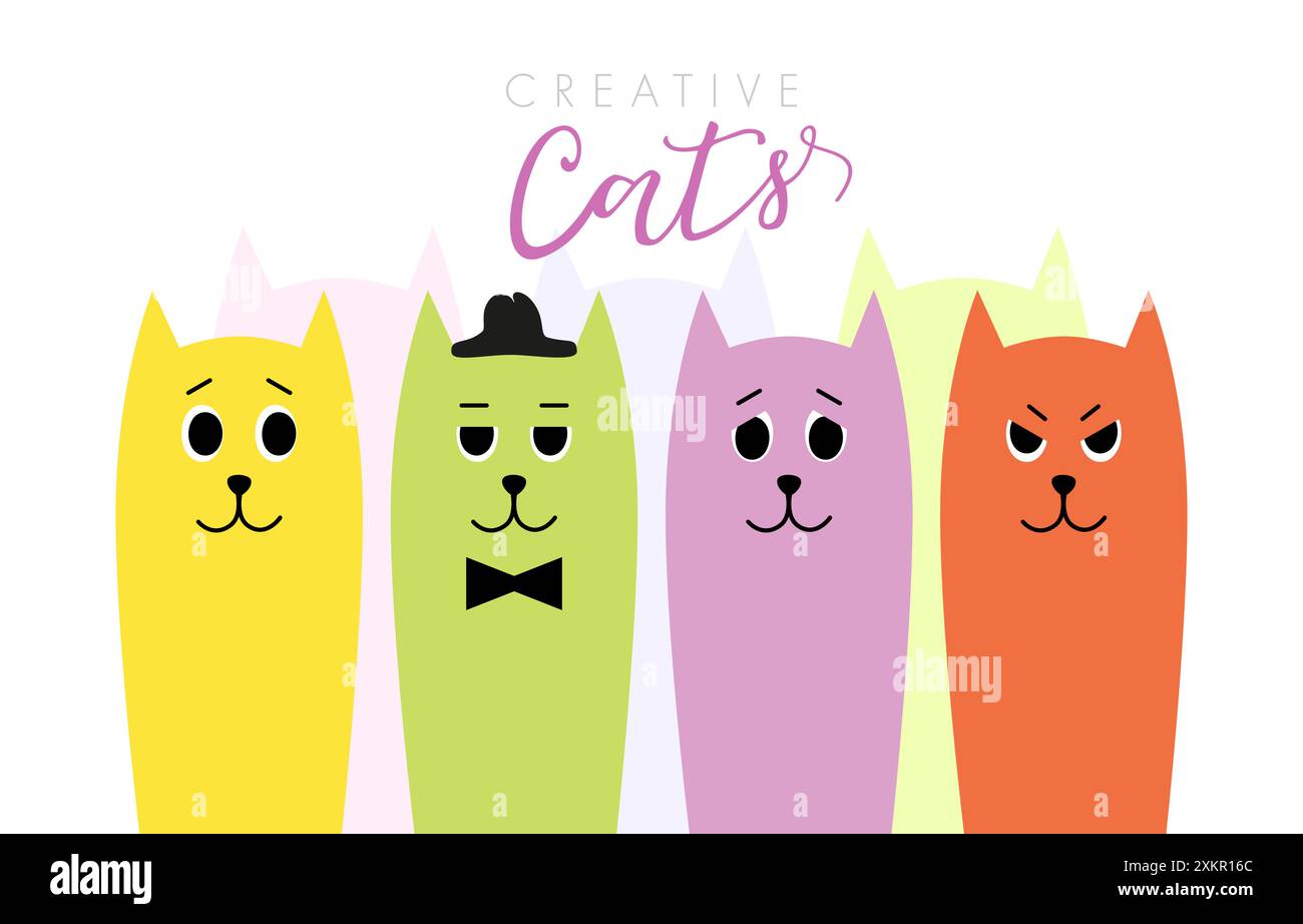 Cute greeting card with creative cartoon cats. Set of cat emoticons ...