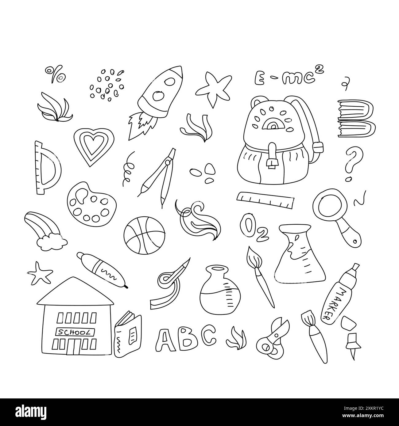 Childrens school doodle elements set. Education stationery supplies ...