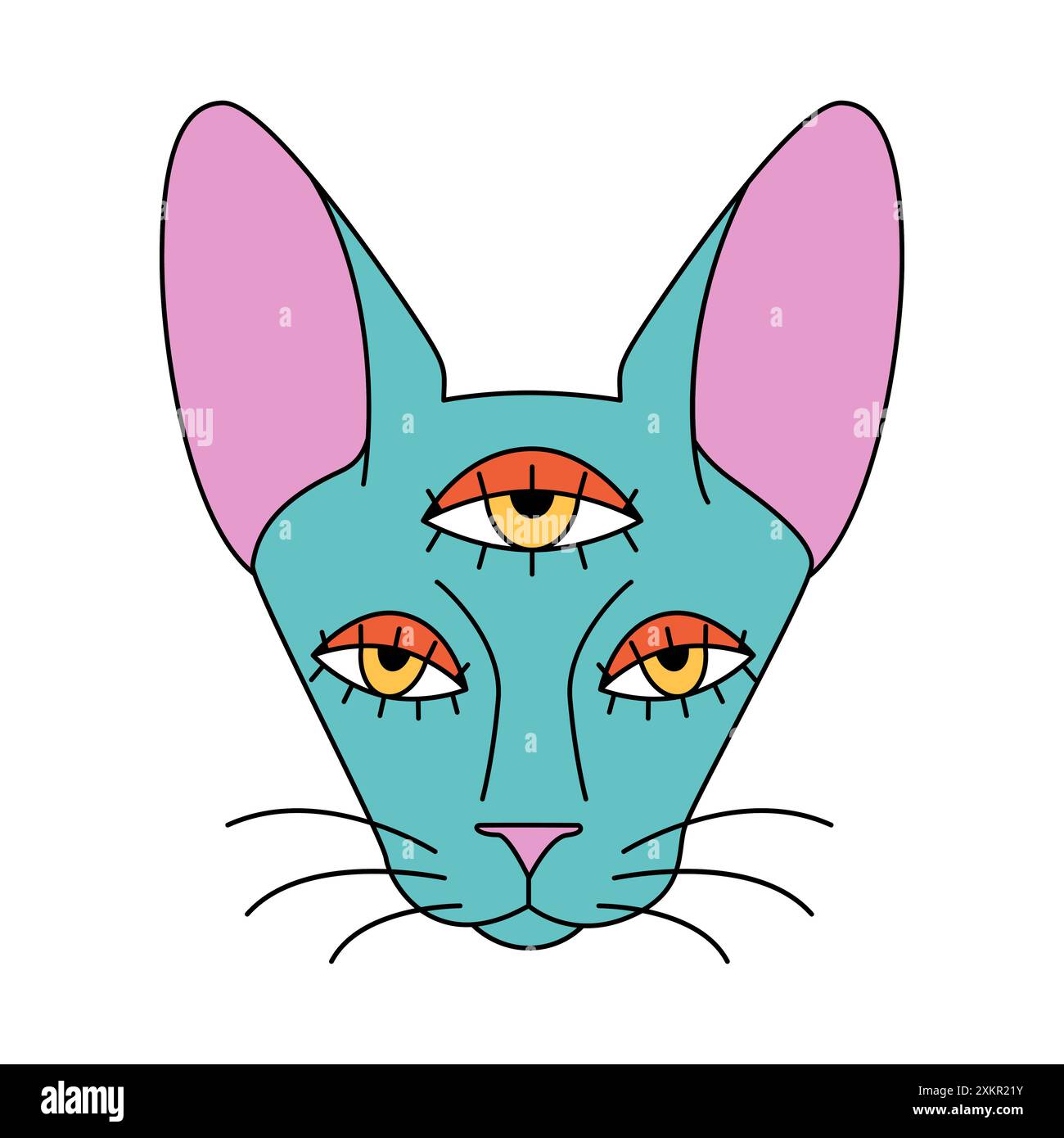 Groovy funny head of blue psychedelic cat with three eyes vector ...