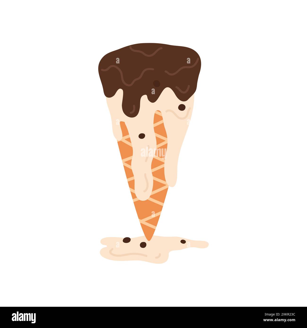 Melting layers of chocolate and vanilla ice cream flow over wafer cone ...