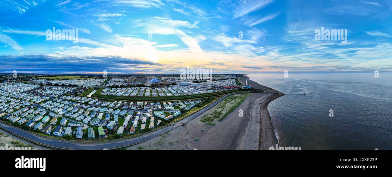 Sunset Aerial Panoramic View of the UK Seaside Ingoldmells, a busy ...