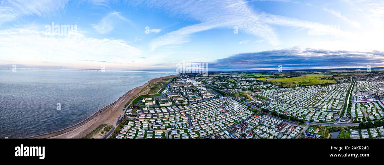 Sunset Aerial Panoramic View of the UK Seaside Ingoldmells, a busy ...