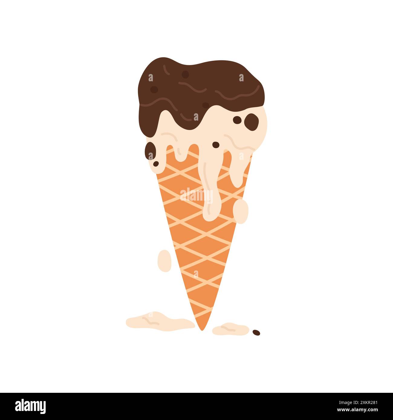 Layers of chocolate and vanilla ice cream melt and flow over wafer cone ...