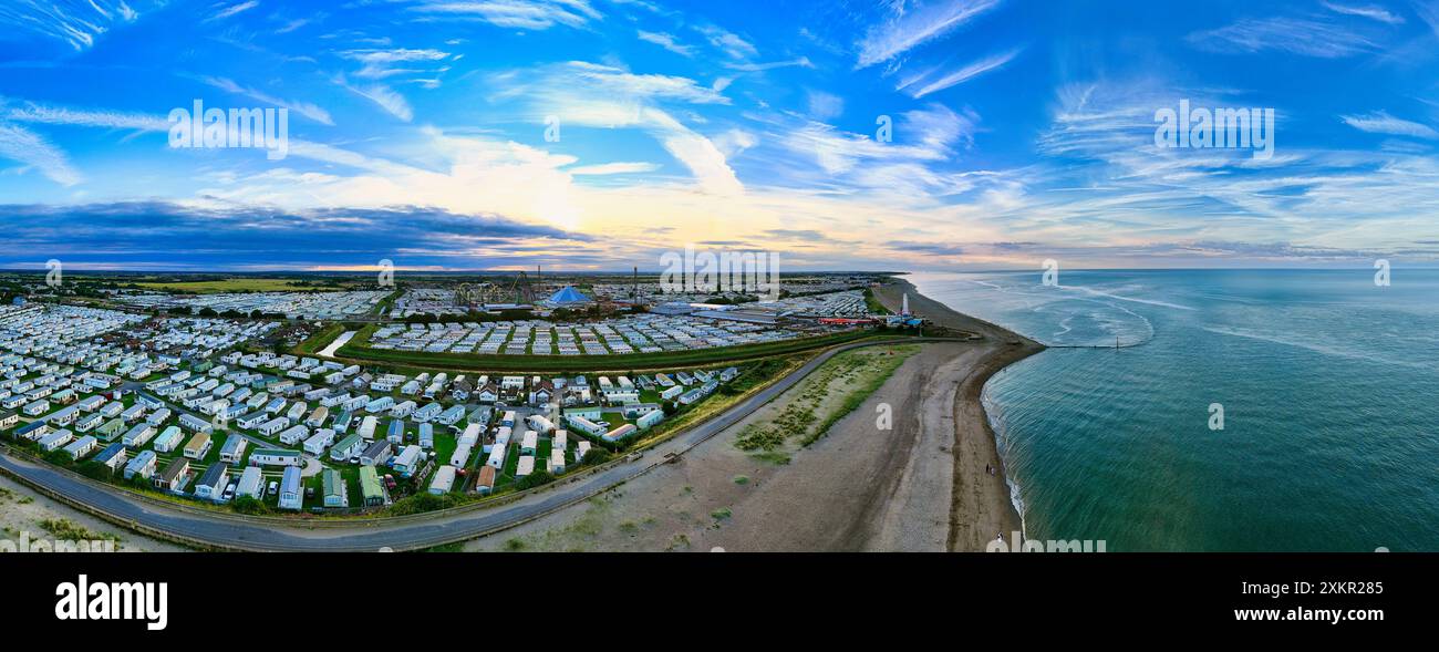Sunset Aerial Panoramic View of the UK Seaside Ingoldmells, a busy ...