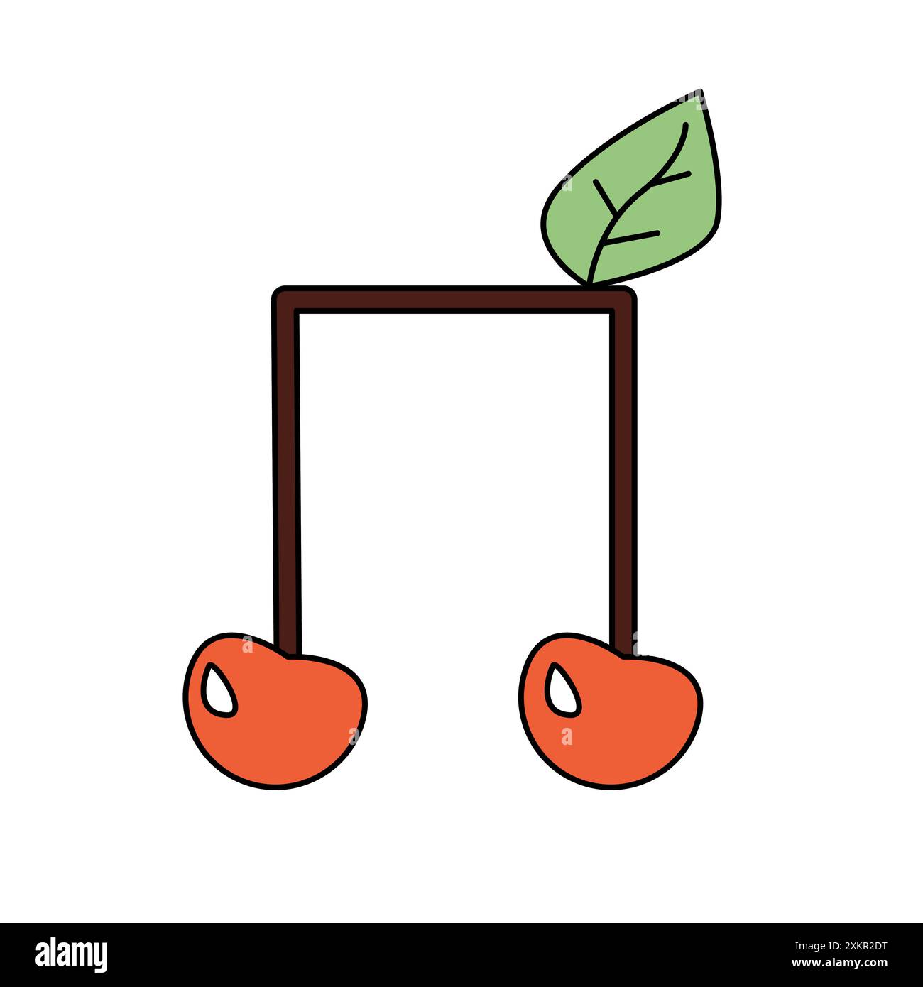 Groovy music note with funny cherry and leaf, crazy hippie song symbol ...
