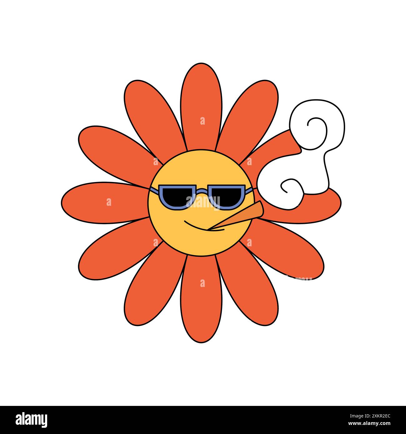Groovy crazy daisy flower character with sunglasses smoking cannabis ...