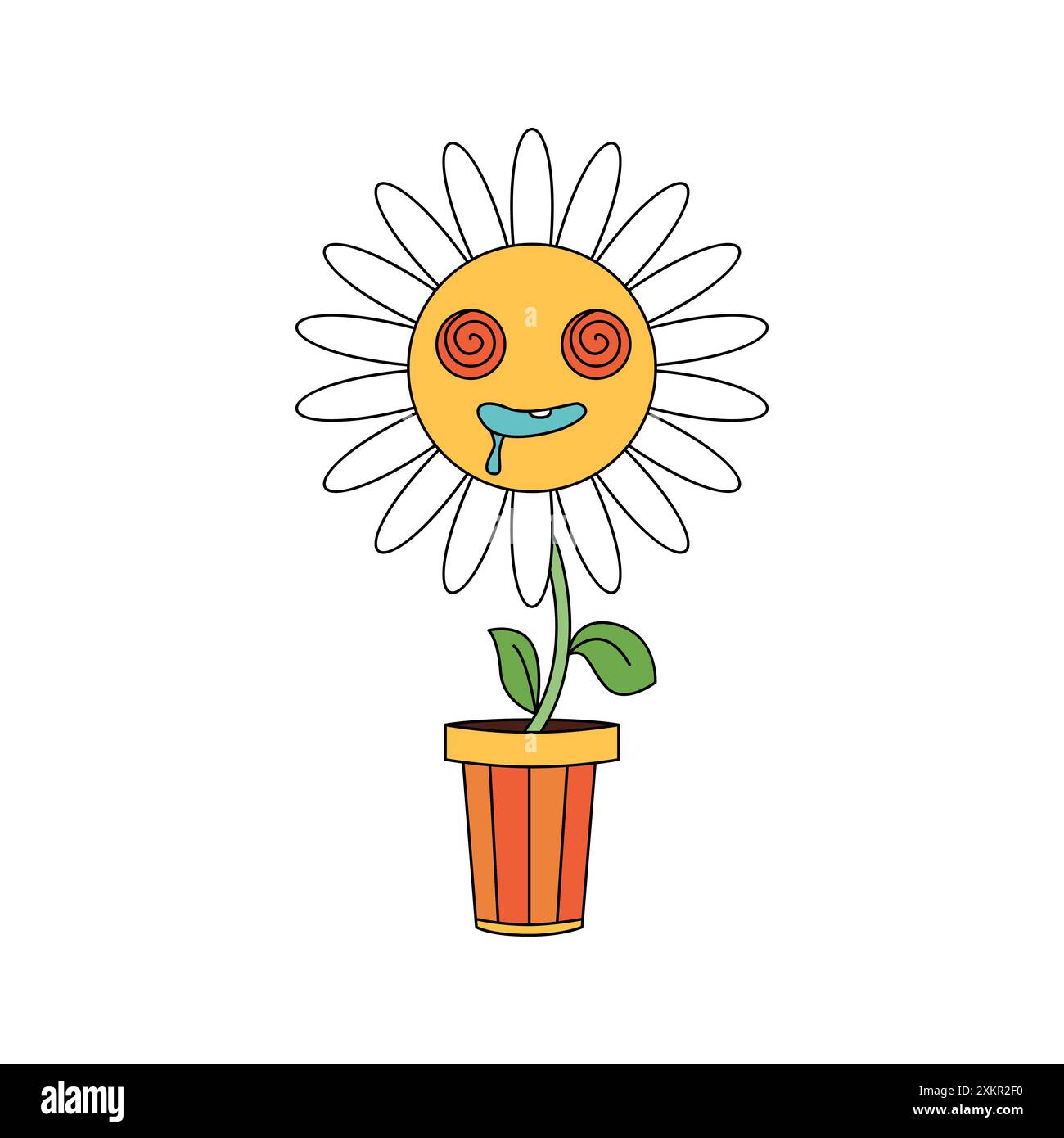 Groovy daisy flower character in pot with psychedelic whirlpool in eyes ...