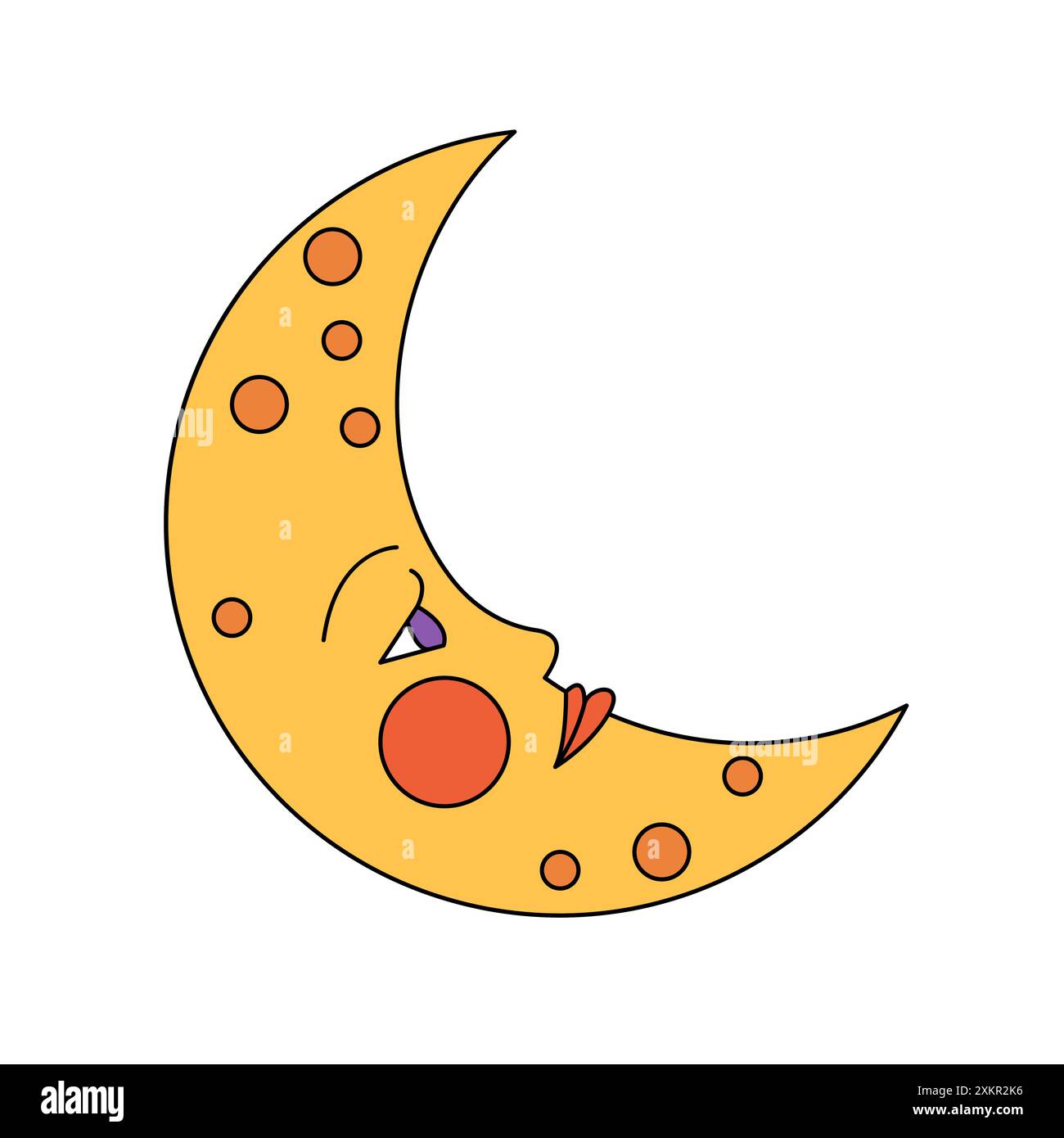 Groovy cute yellow crescent moon character in bohemian style vector ...