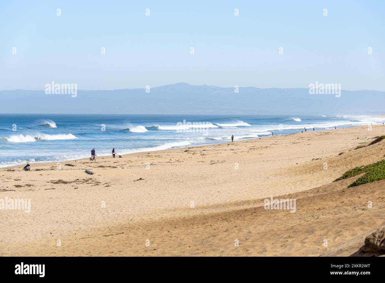 People fishing and walking along a sandy beach in California on a misty ...