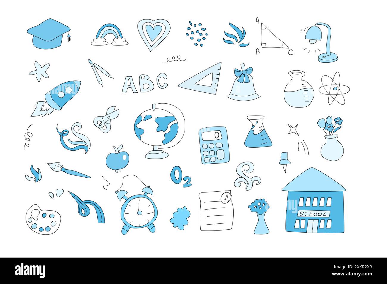 Childrens school doodle elements set. Education stationery supplies ...
