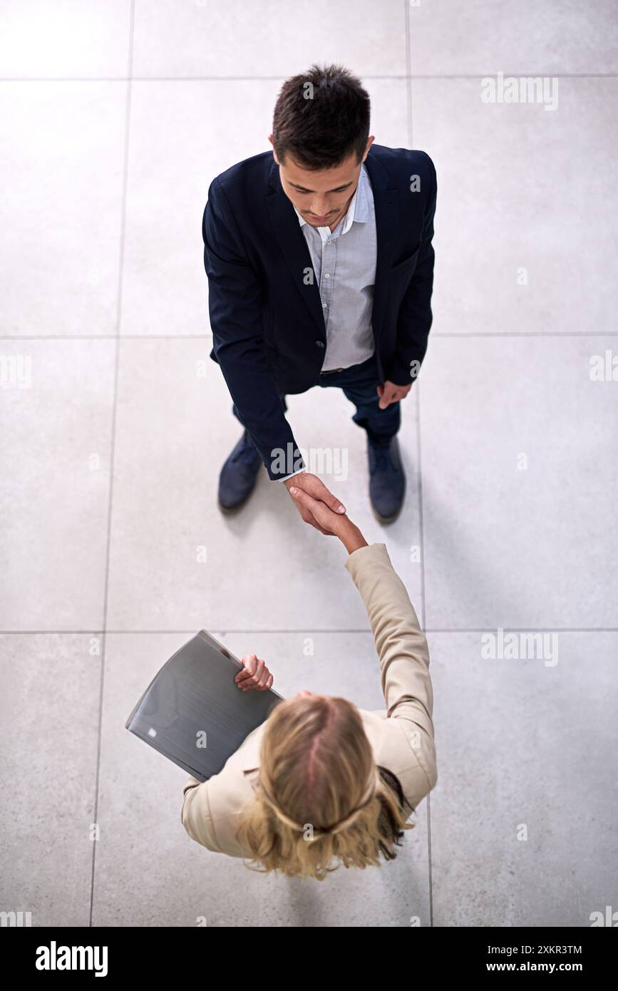 Above, business people and shaking hands with welcome for meeting ...