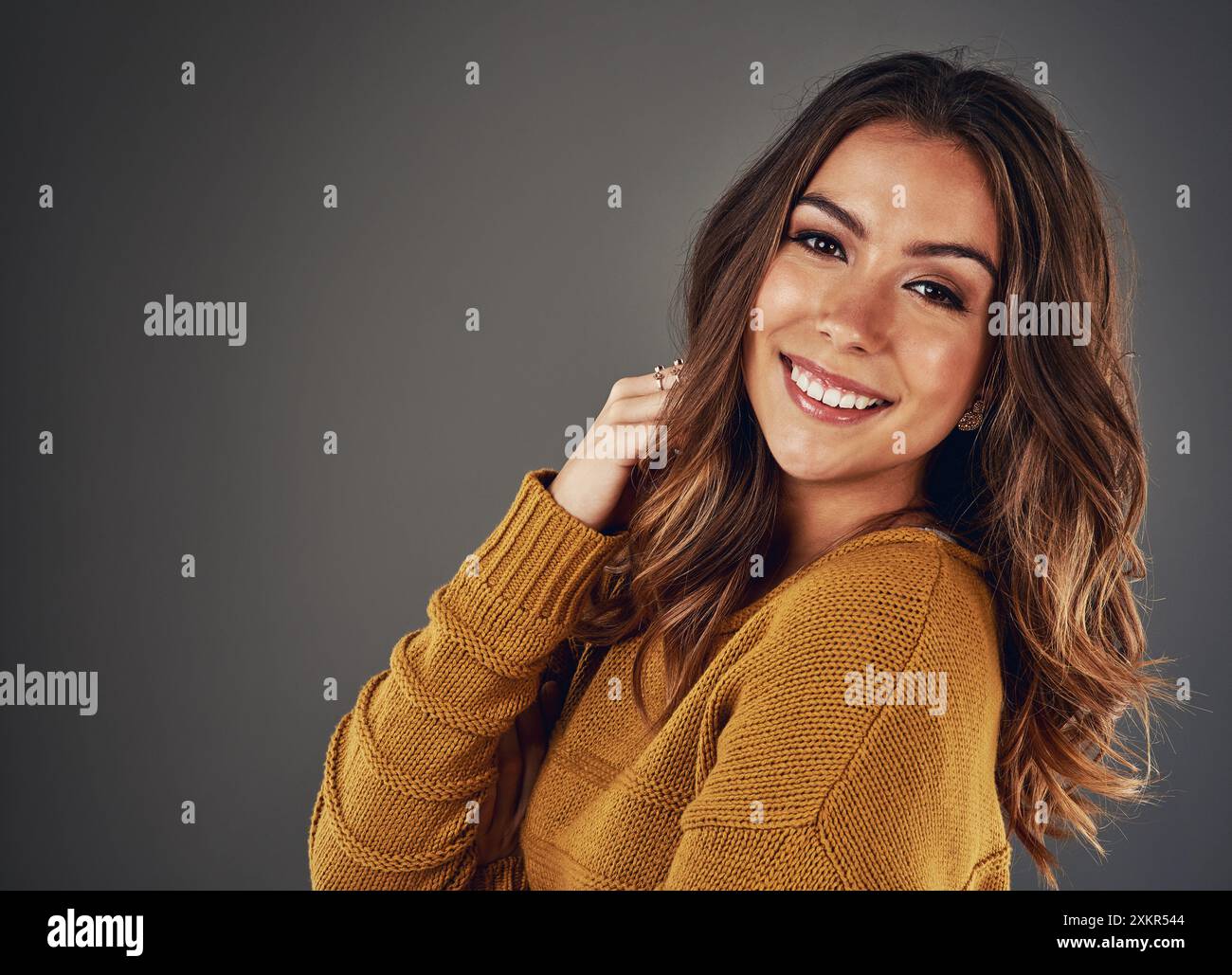 Hair care, smile and portrait of woman in studio with volume, salon and ...