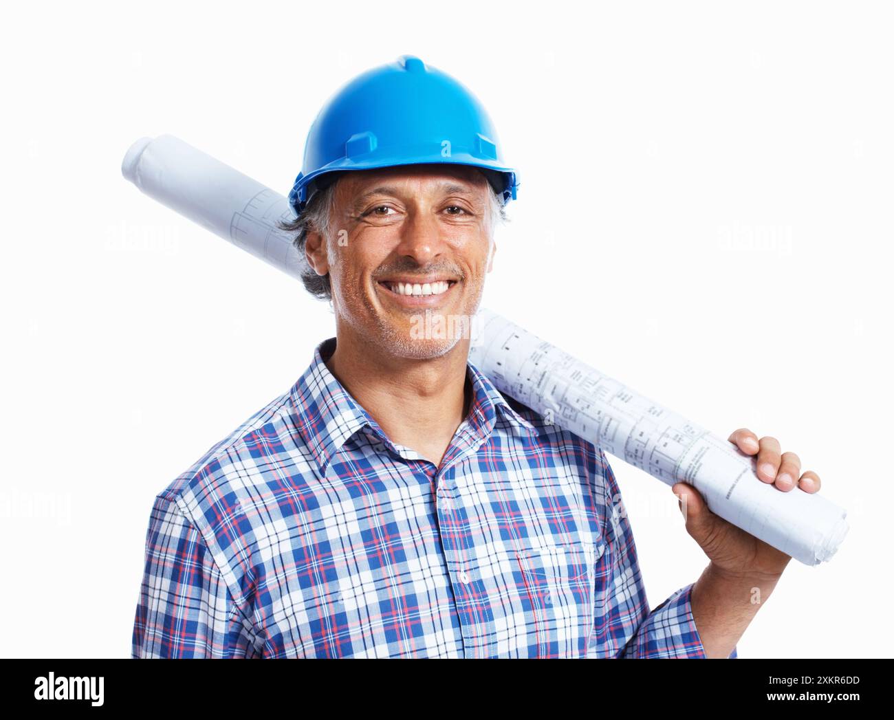 Portrait, architect and happy man with blueprint in studio for building ...