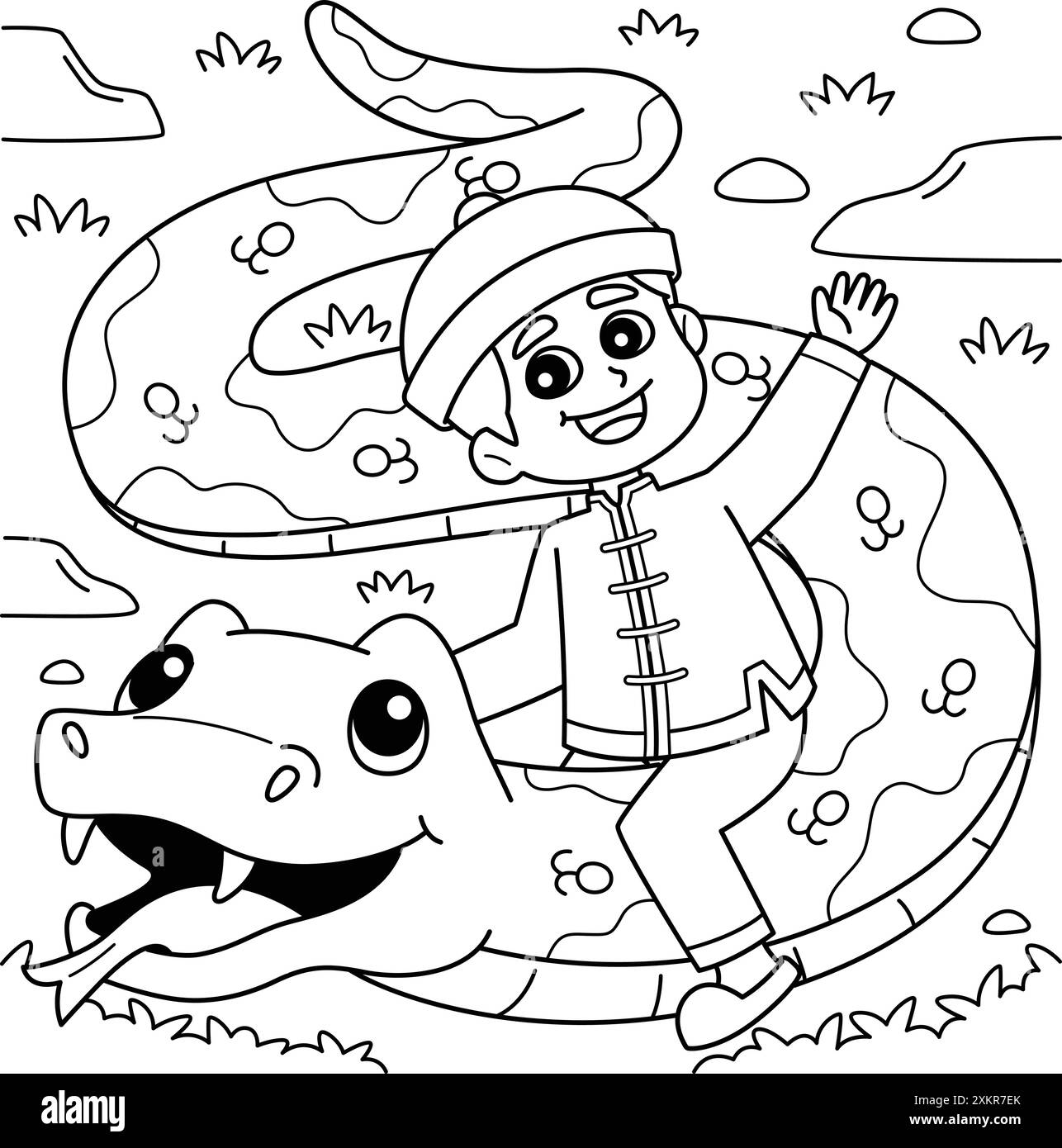 Year of the Snake with Chinese Boy Coloring Page Stock Vector Image ...