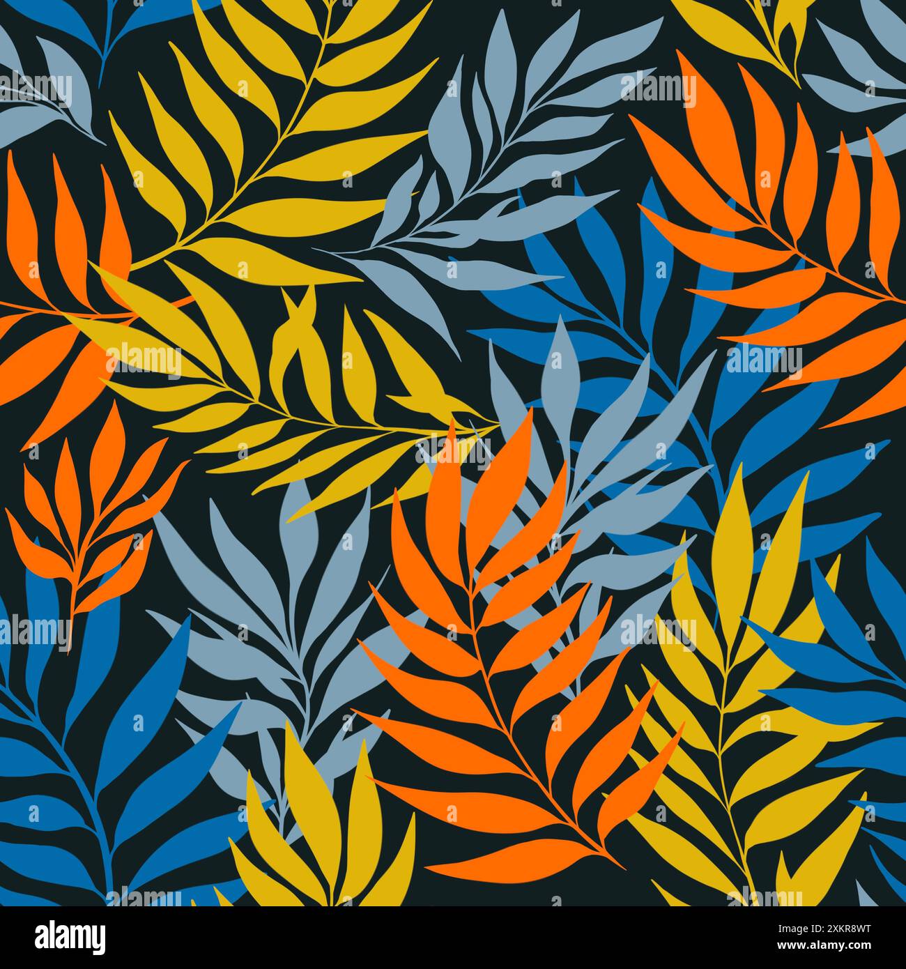 Bright Orange and Blue Tropical Flowing Leaves Raster Seamless Pattern ...