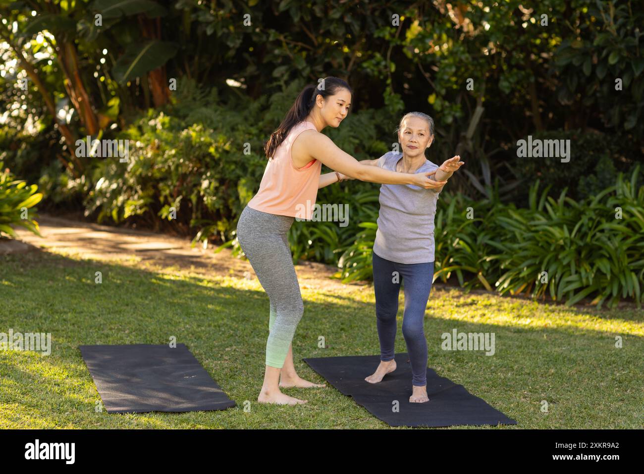 Practicing yoga outdoors, young asian woman assisting elderly asian woman on yoga mats. Wellness ...