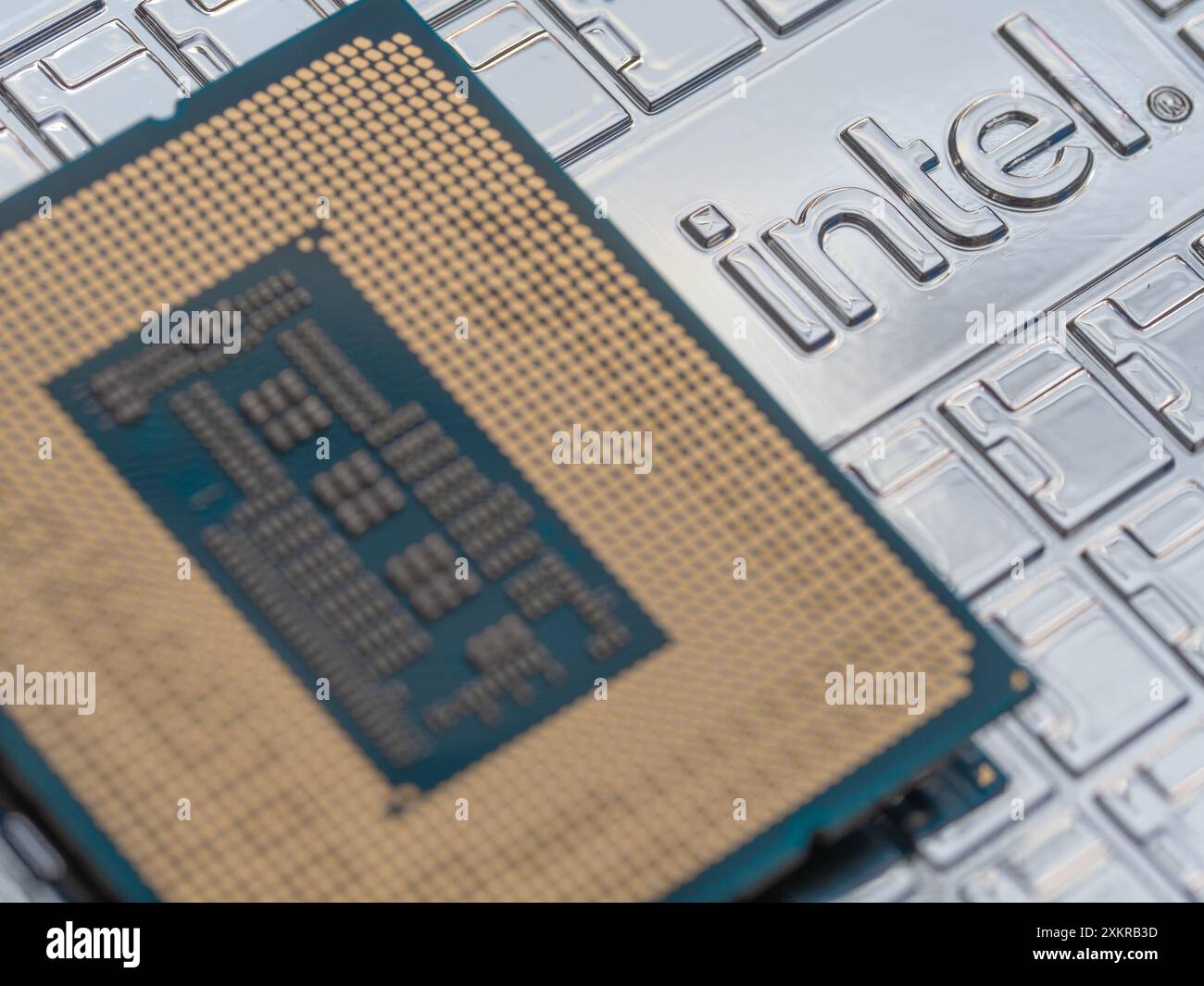 Intel logo on an Intel Core 14th gen i9-14900K processor case, focus on ...