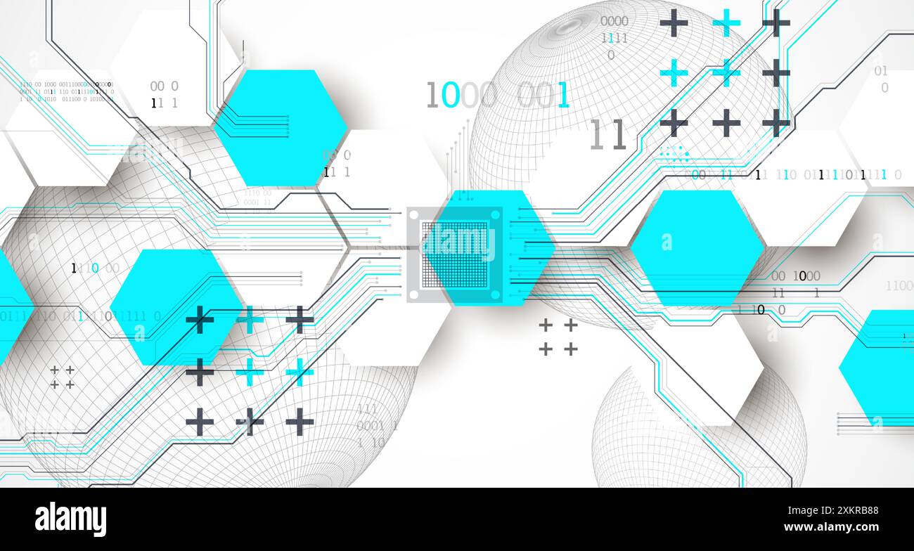 Abstract circuit board background with hexagons and sphere. Hi-tech digital technology concept ...