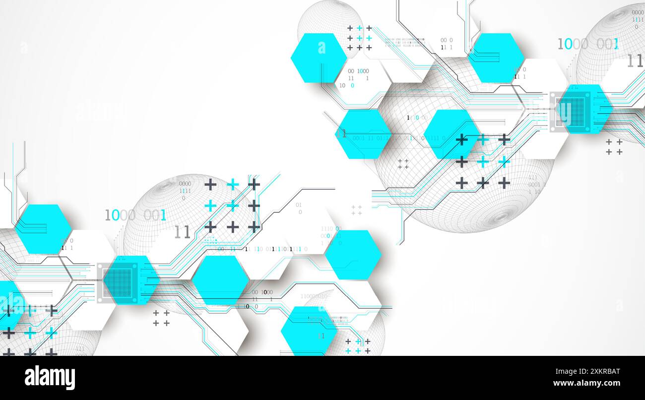 Abstract circuit board background with hexagons and sphere. Hi-tech digital technology concept ...