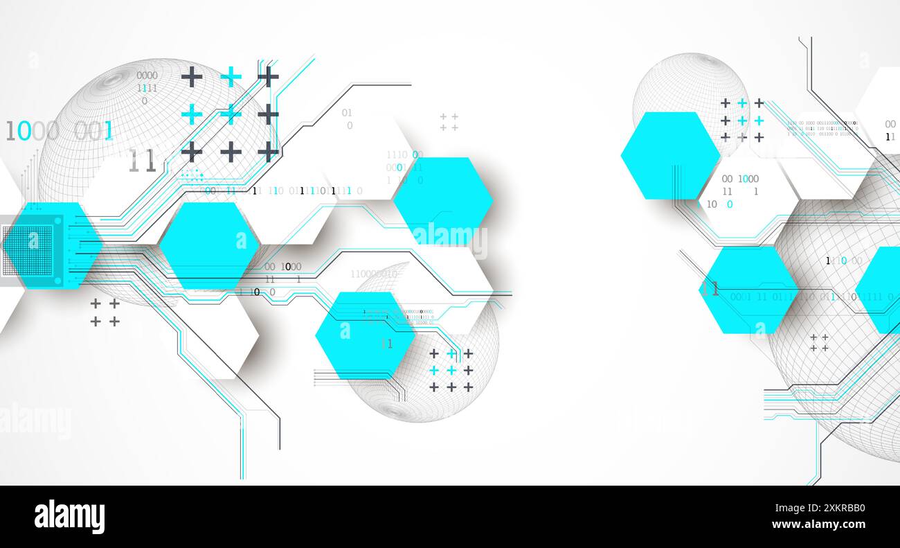 Abstract circuit board background with hexagons and sphere. Hi-tech digital technology concept ...