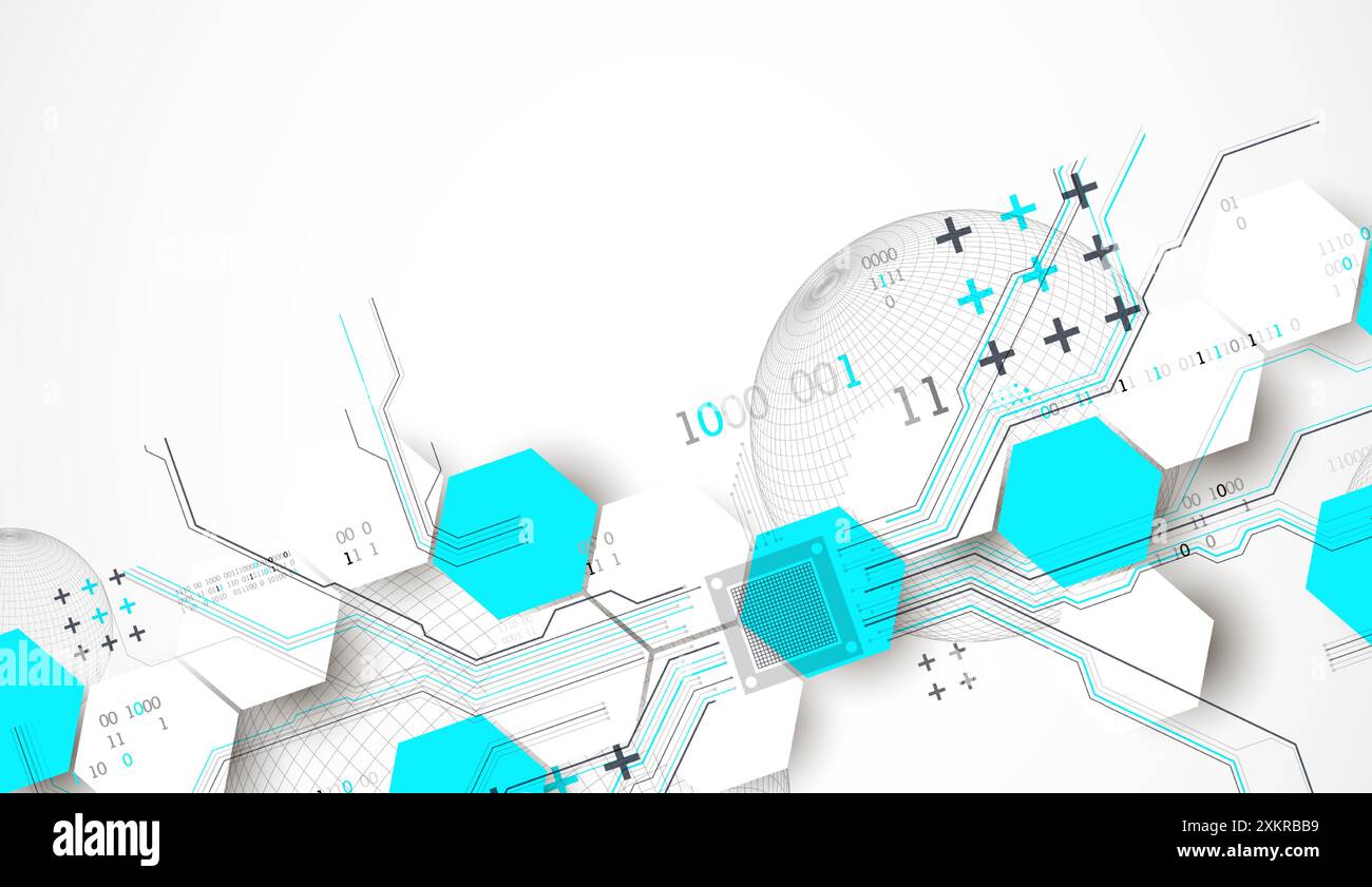 Abstract circuit board background with hexagons and sphere. Hi-tech digital technology concept ...