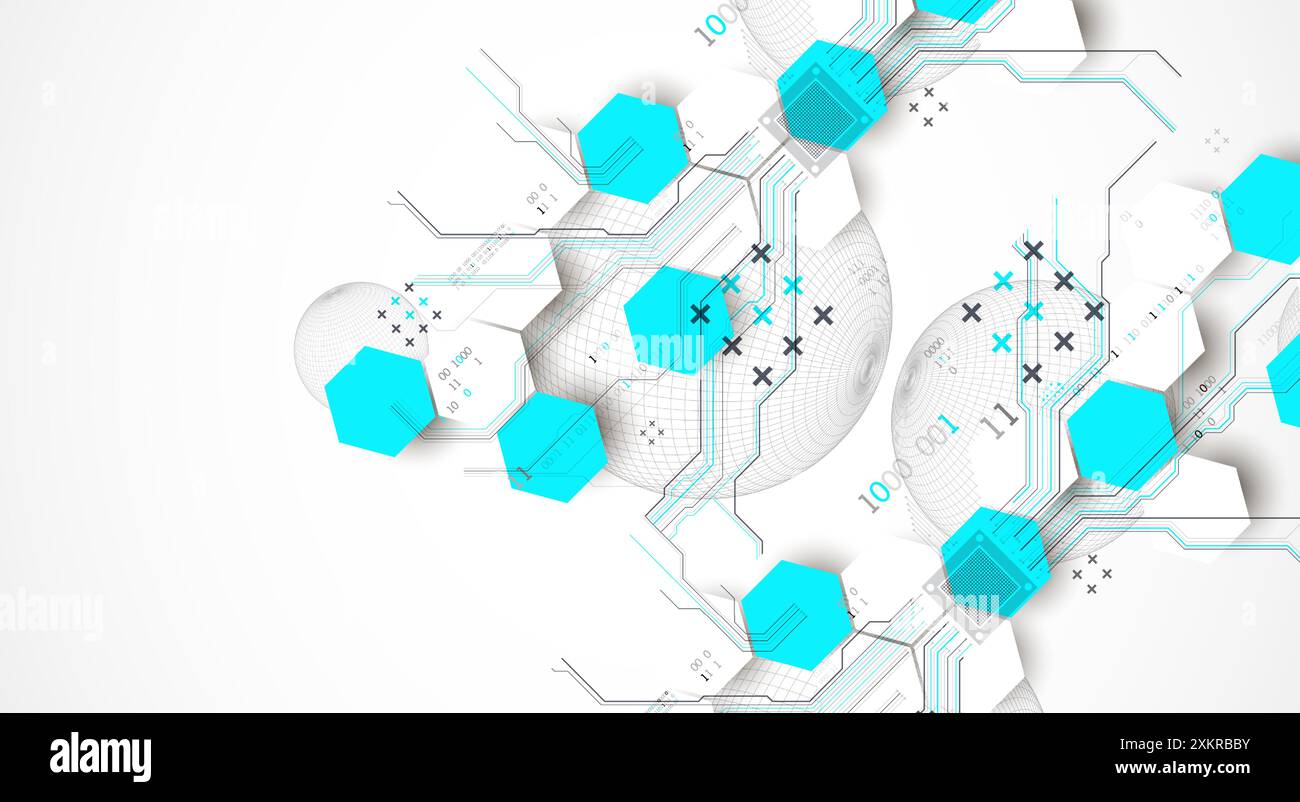 Abstract circuit board background with hexagons and sphere. Hi-tech digital technology concept ...
