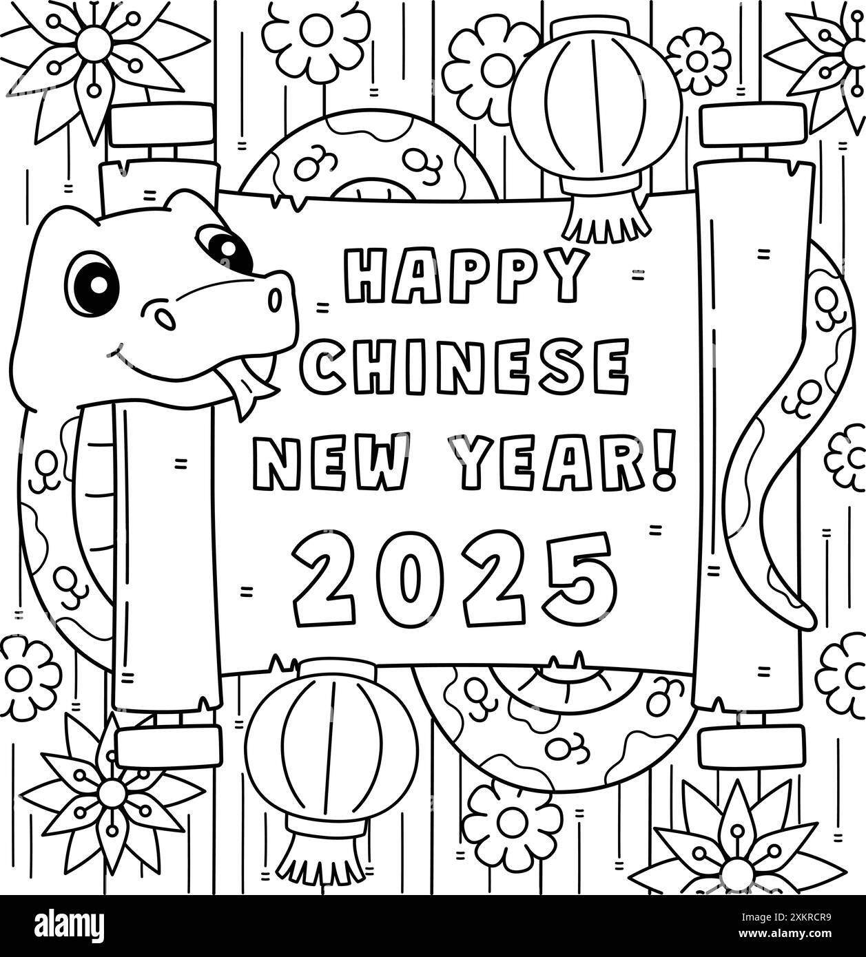 Year of the Snake Holding a Scroll Coloring Page Stock Vector Image ...