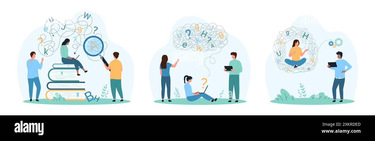 Dyslexia, learning, reading text and understanding problem set. Tiny ...