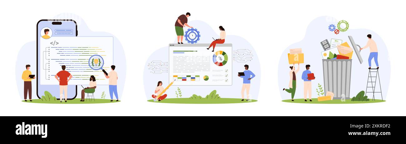 Research, analysis and removal of data set. Tiny people delete files in ...