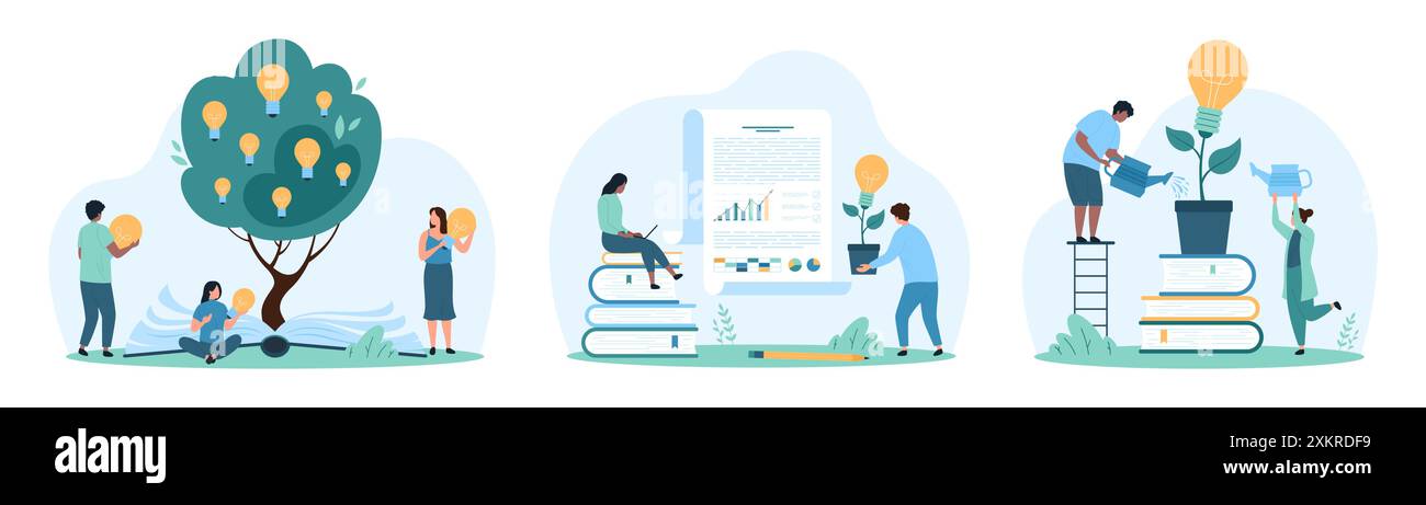 Creative thinking development, ideas and data research set. Tiny people ...