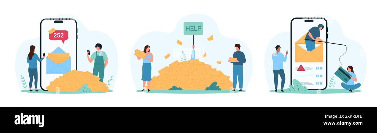 Email spam overload, phishing and scam set. Tiny people with lot of ...