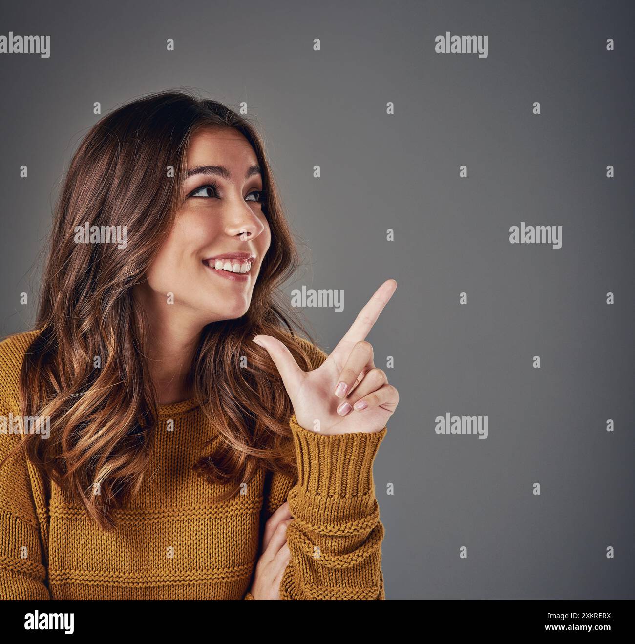Pointing, woman and options with decision, choice and opportunity on ...
