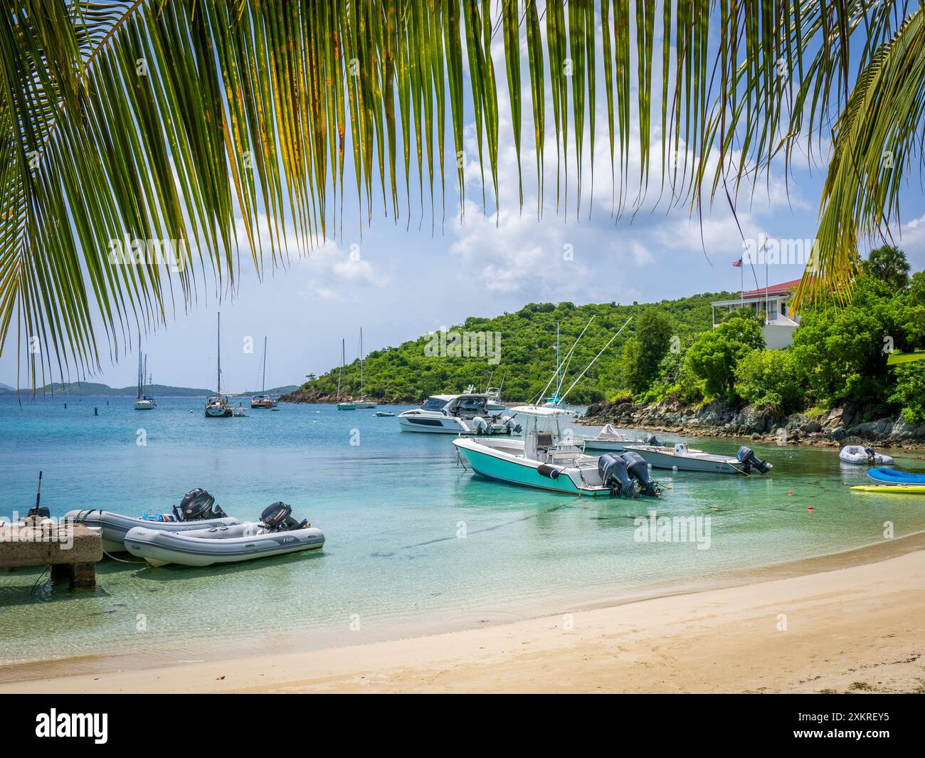 Boats anchored in Cruz Bay harbor on the Caribbean island of St John in ...