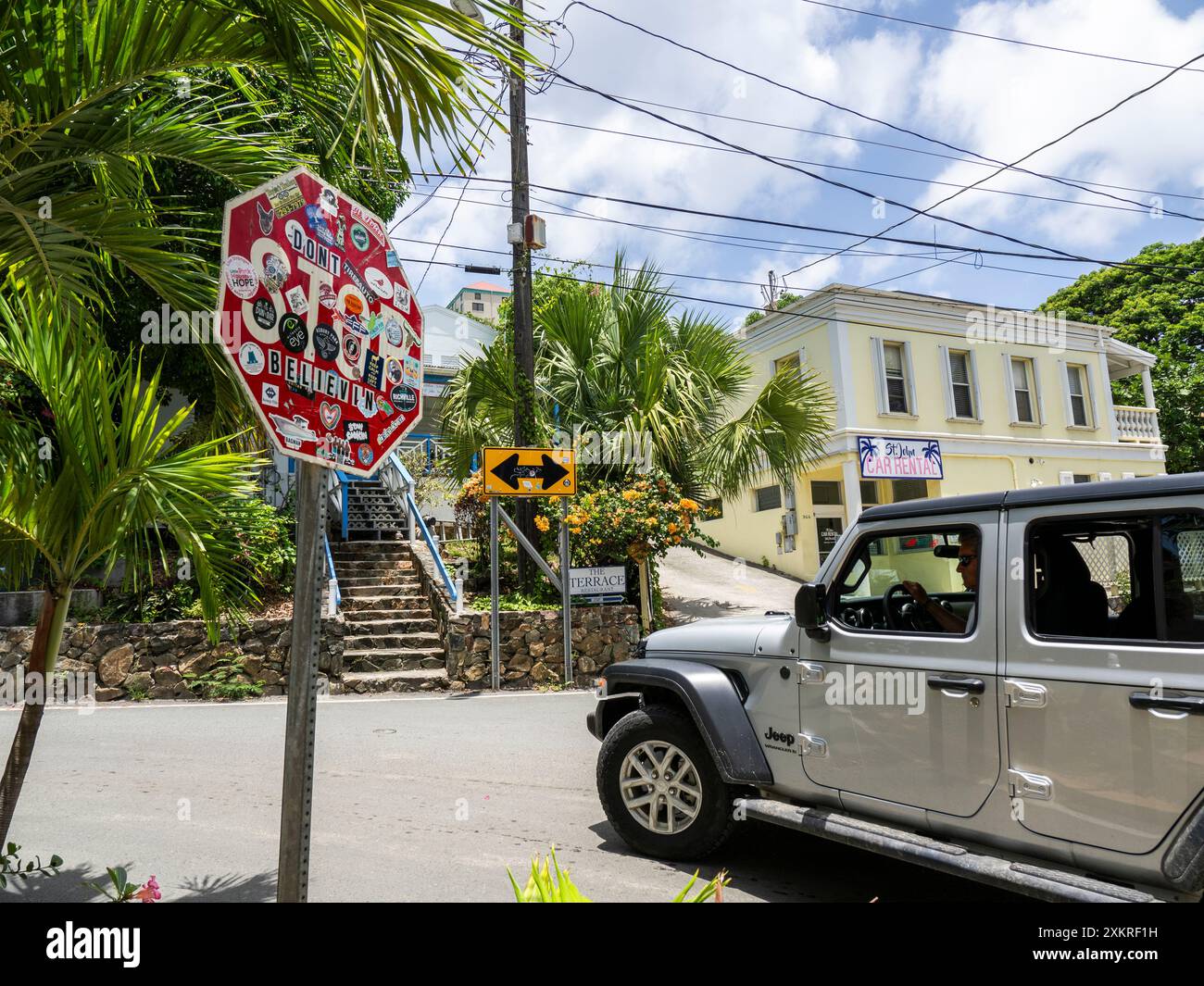 Stop sign covered with stickers in Cruz Bay on the Caribbean island of ...